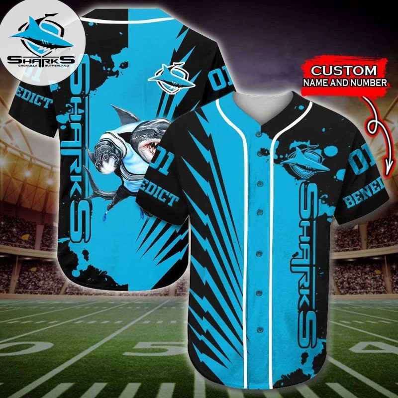 NRL Cronulla-Sutherland Sharks Blue Black Custom Name Number Baseball ...
