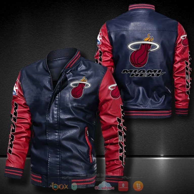 NBA Miami Heat Navy Blue Red Logo Team Leather Bomber Jacket