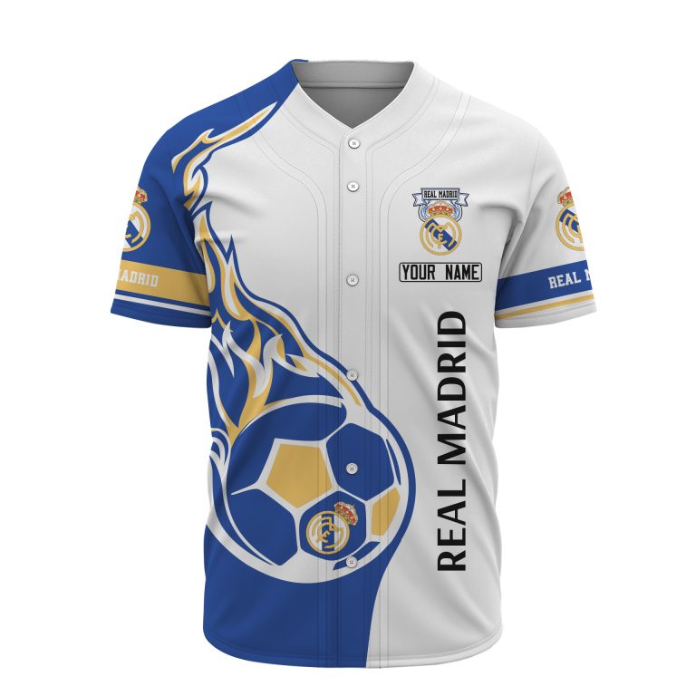 Real Madrid Custom Name White Blue Ball Baseball Jersey