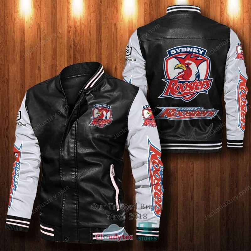 NRL Sydney Roosters Black White Leather Bomber Jacket