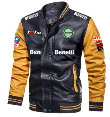 Benelli Black Yellow Leather Bomber Jacket