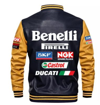 Benelli Black Yellow Leather Bomber Jacket