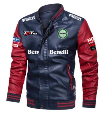 Benelli Navy Blue Red Leather Bomber Jacket