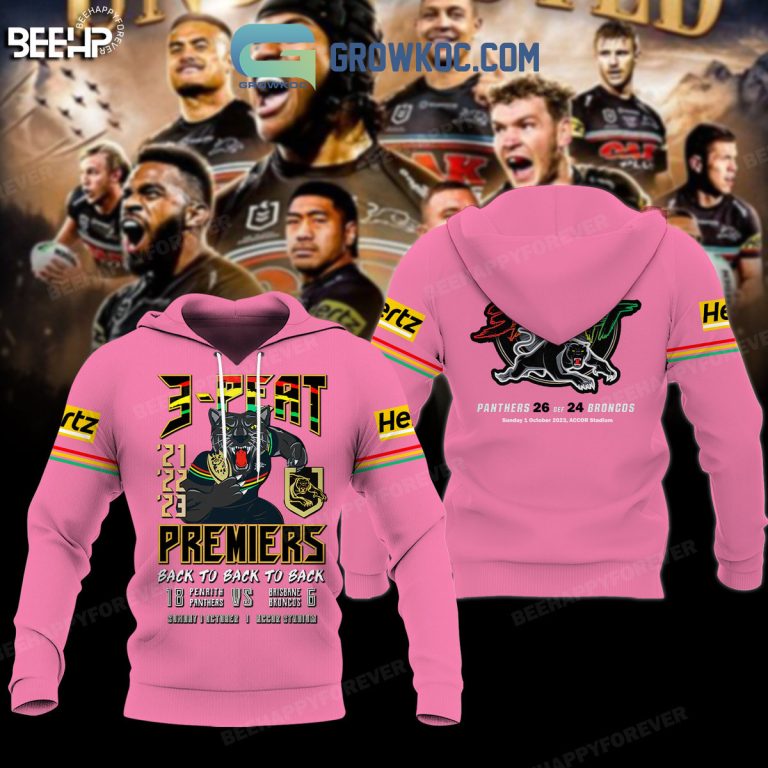 NRL Penrith Panthers 3 Peat Premiers 2023 Pink Pullover Hoodie